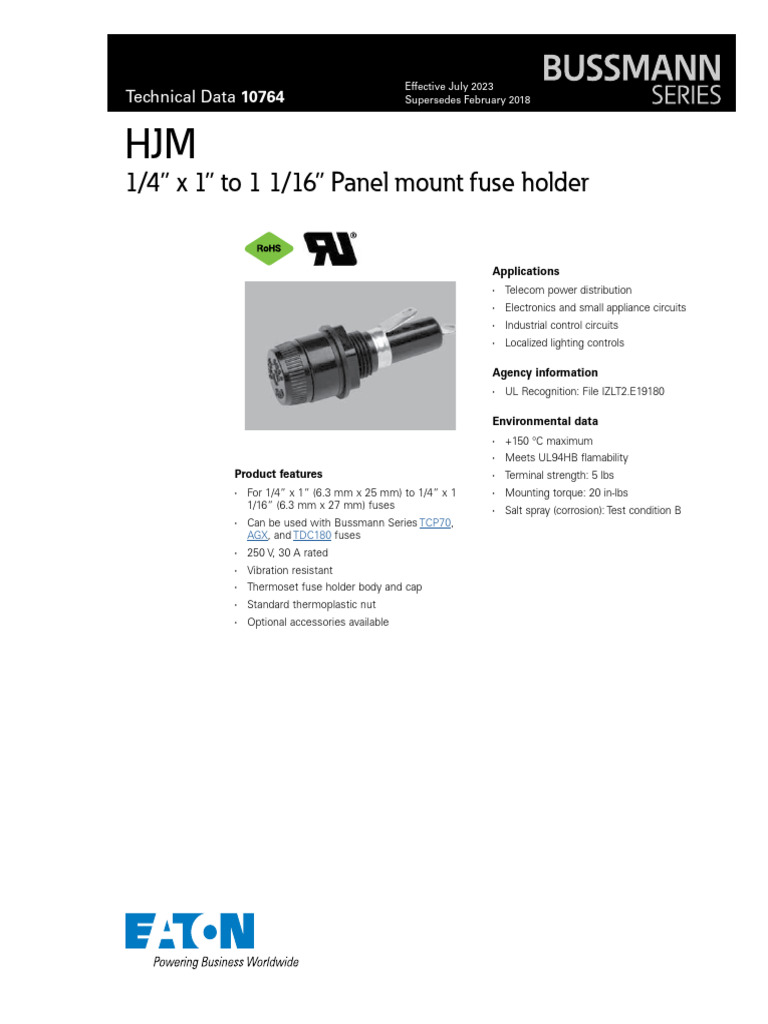 Eaton HJM Panel Mount Fuse Holder Data Sheet | PDF | Fuse (Electrical ...