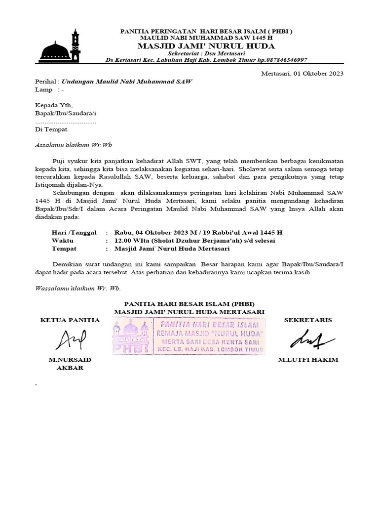 Undangan Peringatan Maulid Nabi 1445 H | PDF