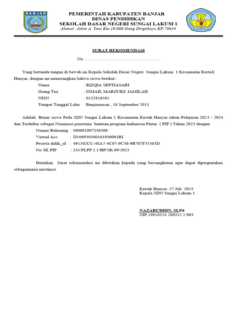 Rekomendasi Atm PIP SDN Sungai Lakum 1 | PDF