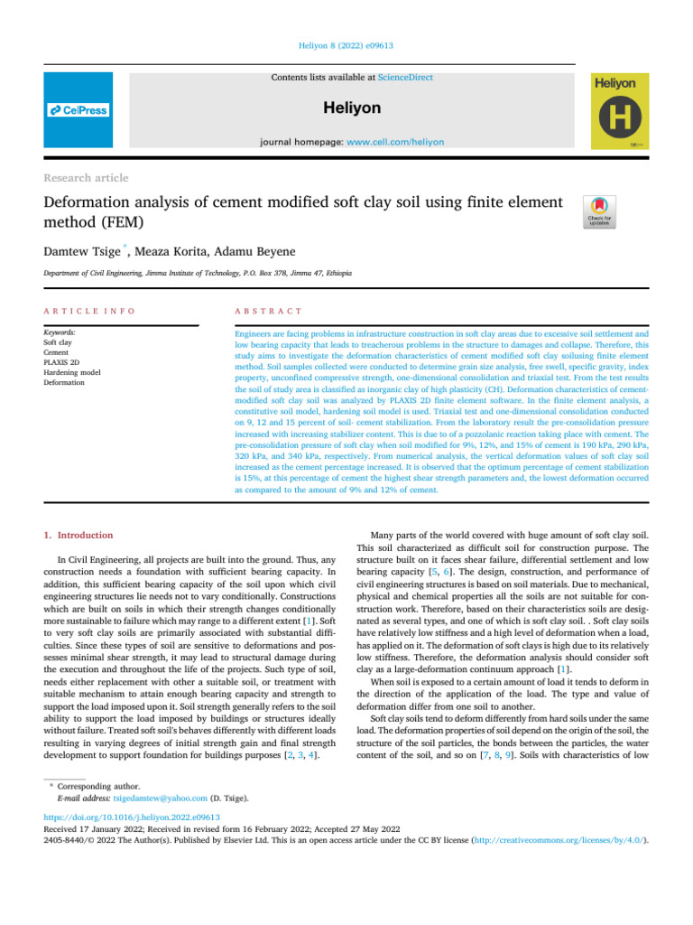 Tsige Deformation Analysis of Cement Modified Soft Clay Soil Using ...