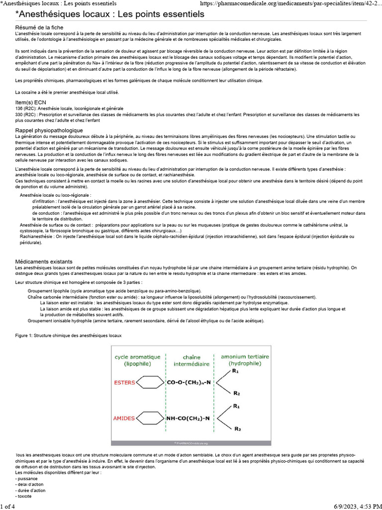_Anesthésiques Locaux _ Les Points Essentiels | PDF
