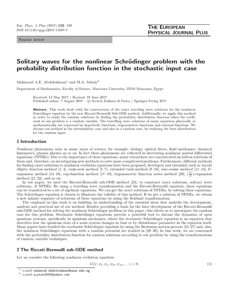 The Riccati Bernoulli Sub Ode Method Pdf Equations Schrödinger Equation