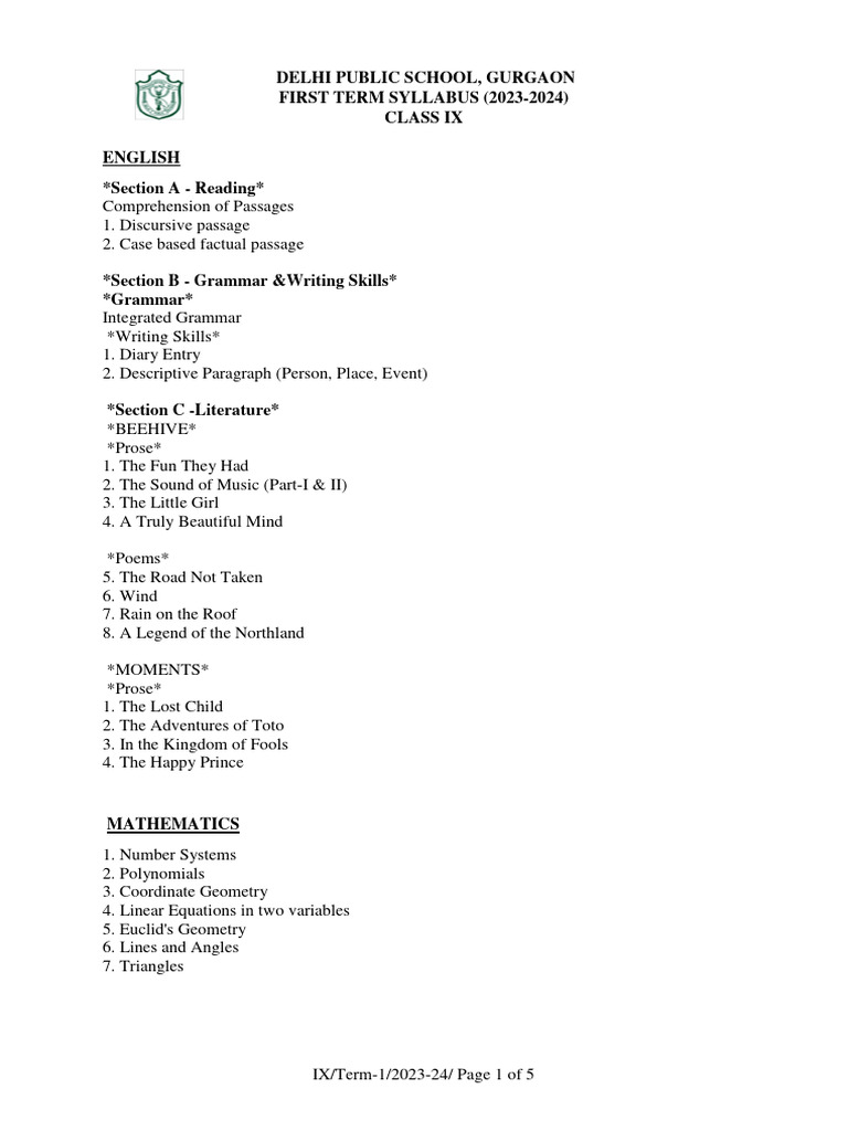 Class IX First Term Syllabus 2023-24 | PDF