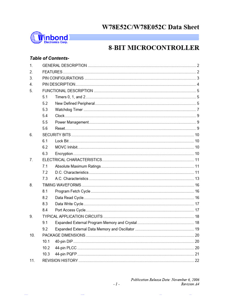 W78E52C Microcontroller Data Sheet | PDF | Microcontroller | Computer ...