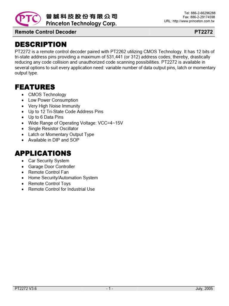 PT2272 Remote Control Decoder Overview | PDF | Technology & Engineering