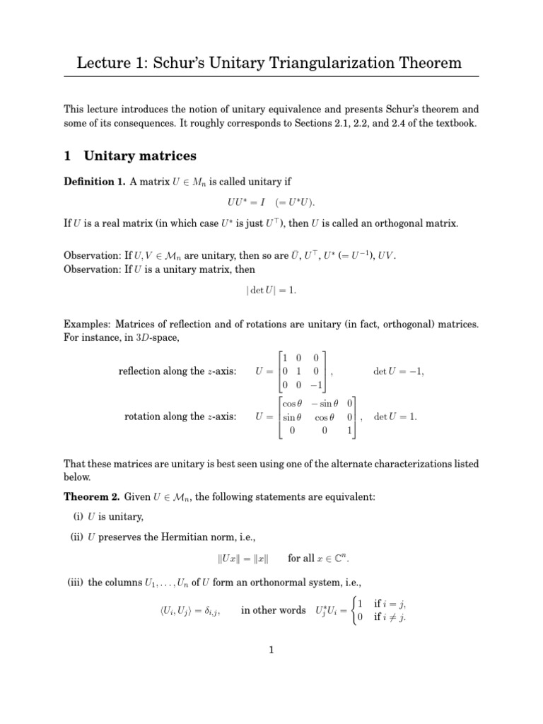 M504Lect1 - Schur's Unitary Triangularization Theorem | PDF