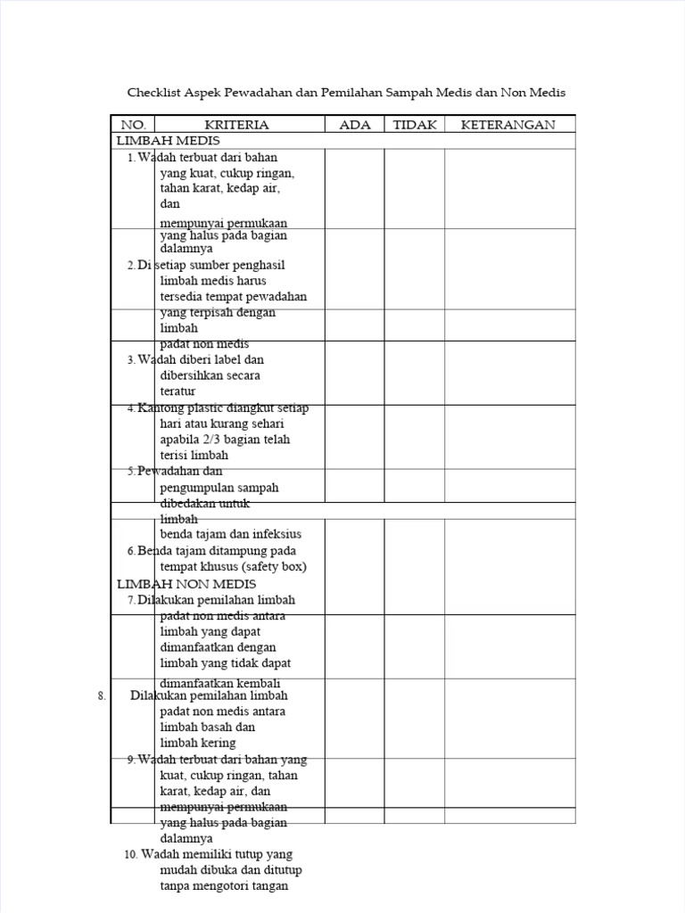PDF Checklist Pengelolaan Sampah Medis Dan Non Medis Compress | PDF
