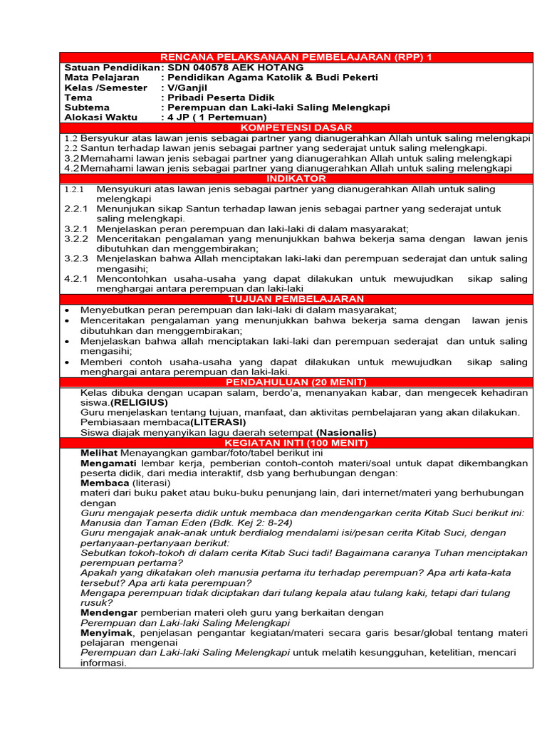 RPP. KD 3.2 Subtema A - Perempuan Dan Laki-Laki Saling Melengkapi | PDF