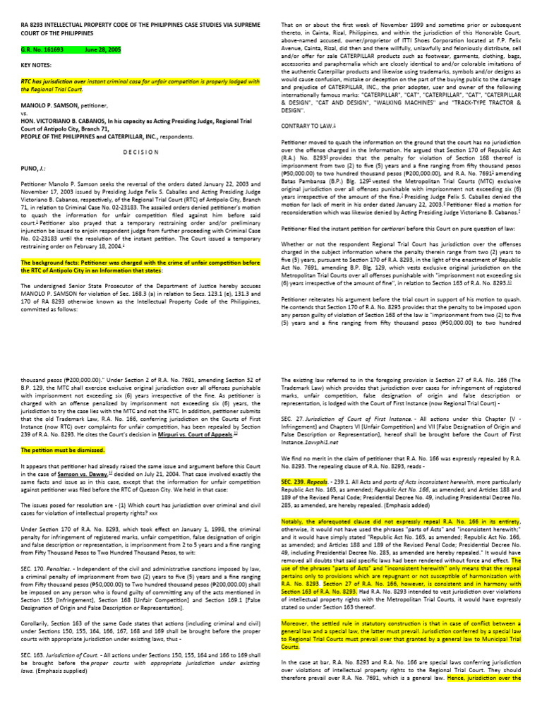 Ra 8293 Intellectual Property Code of The Philippines Case Studies Via ...