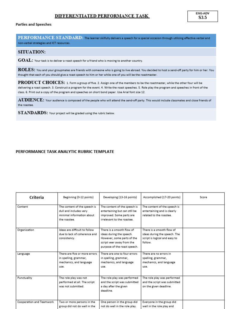 Performance Task and Analytic Rubric | PDF