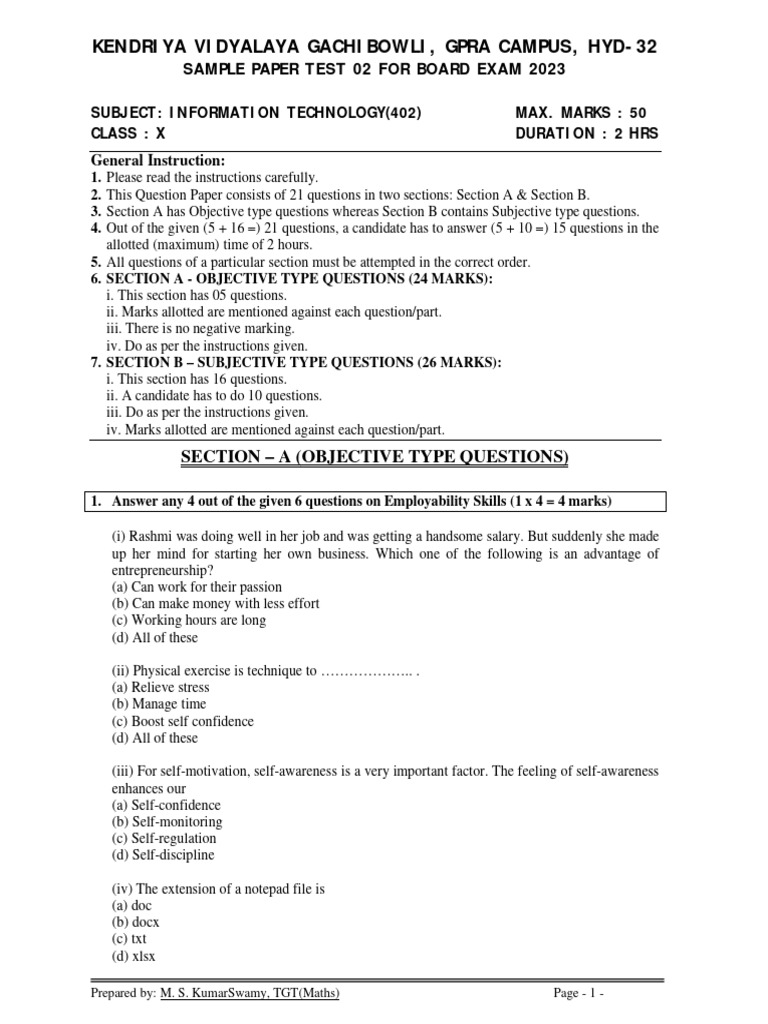 Information Technology 402 Class X Sample Paper Test 02 For Board Exam ...