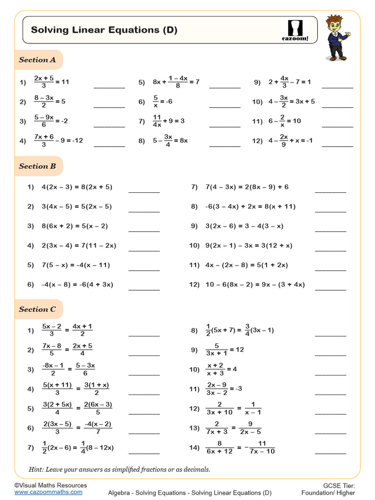 Maths. Solving Equations. Solving Linear Equations (D) | PDF