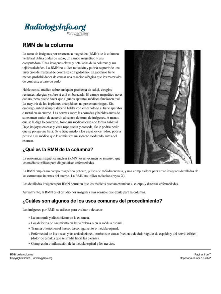 RMN de La Columna | Descargar gratis PDF | Imagen de resonancia ...