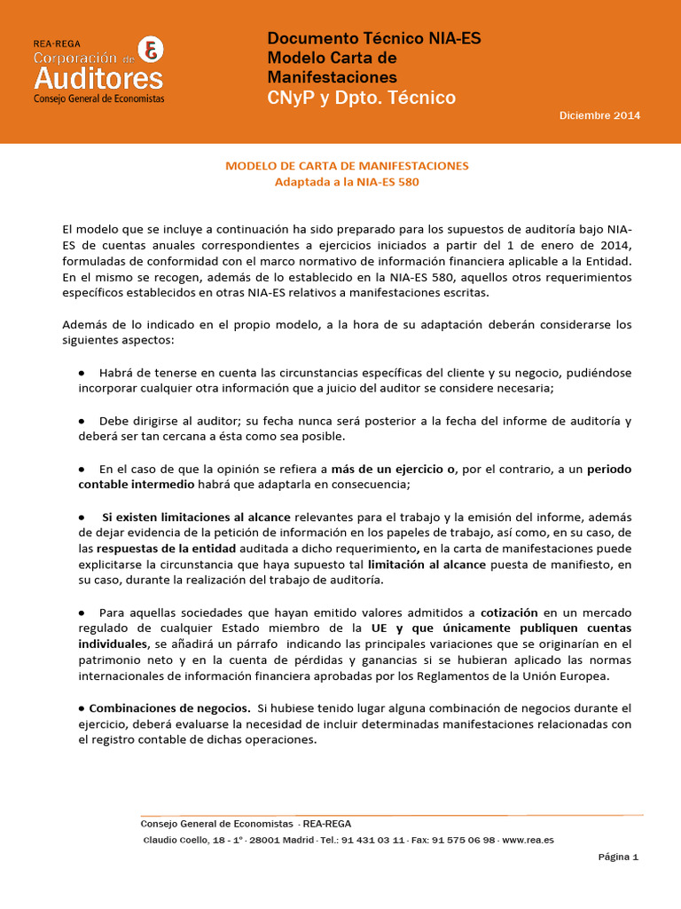 Carta de Manifestaciones NIA-ES 580 (Modelo) | PDF
