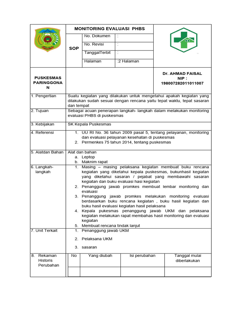 Sop Monitoring Evaluasi PHBS | PDF