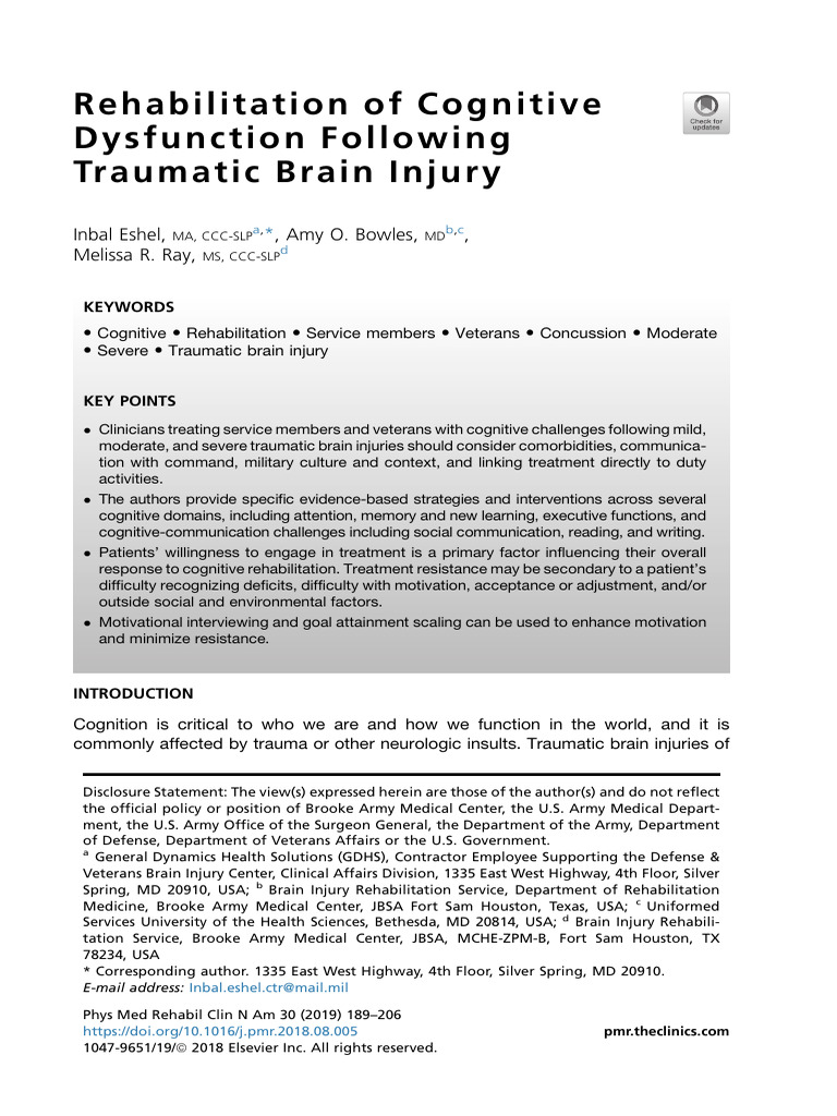 Eshel2019 Rehabilitation of Cognitive Disfunction xTBI | PDF ...