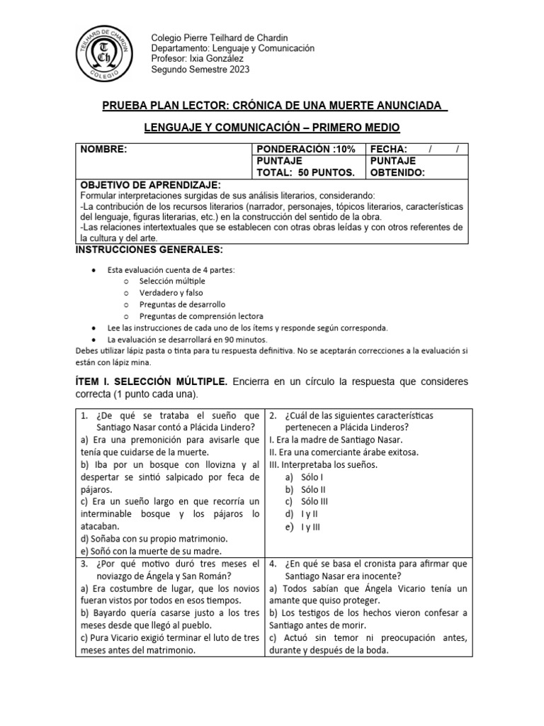 Prueba Crónica de Una Muerte Anunciada | PDF