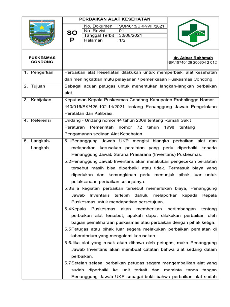 Sop Perbaikan Alkes Rev | PDF