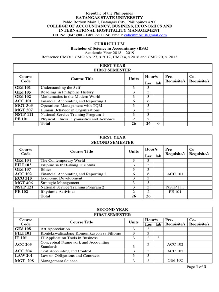 Bachelor of Science in Accountancy BSA Curriculum | PDF