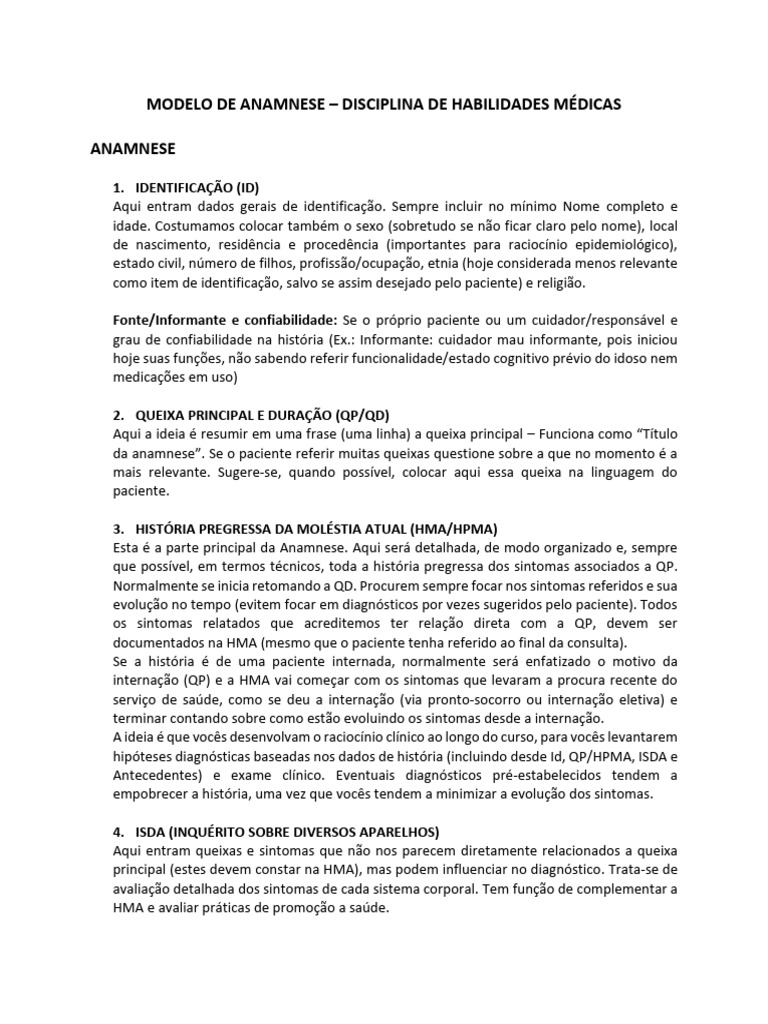 Modelo para Anamnese - Disciplina de Habilidades Médicas - UNISA | PDF | Autoajuda | Bem-estar