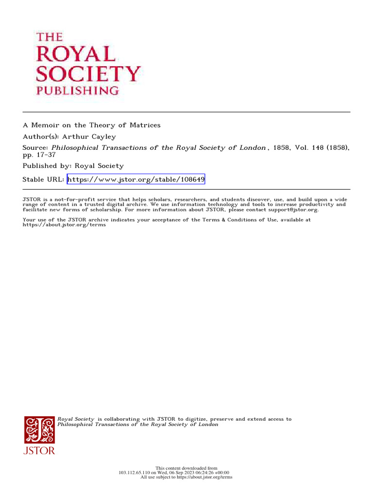 Cayley MemoirTheoryMatrices 1858 | PDF
