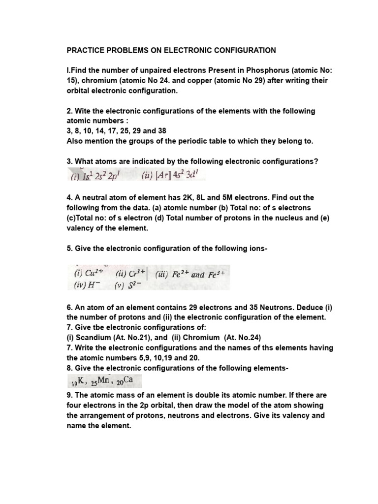 Electronic Configuration Practice Problems | PDF