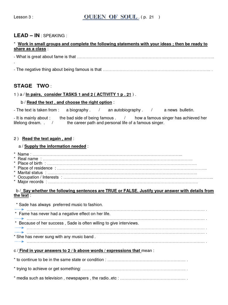Lesson 3 Queen of Soul | PDF | Human Communication | Linguistics