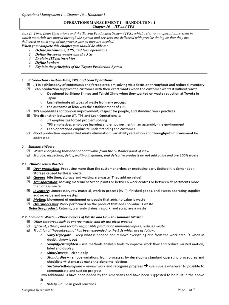Operations Mangement 1 - Chapter 16 - Handout 1 | PDF | Lean ...