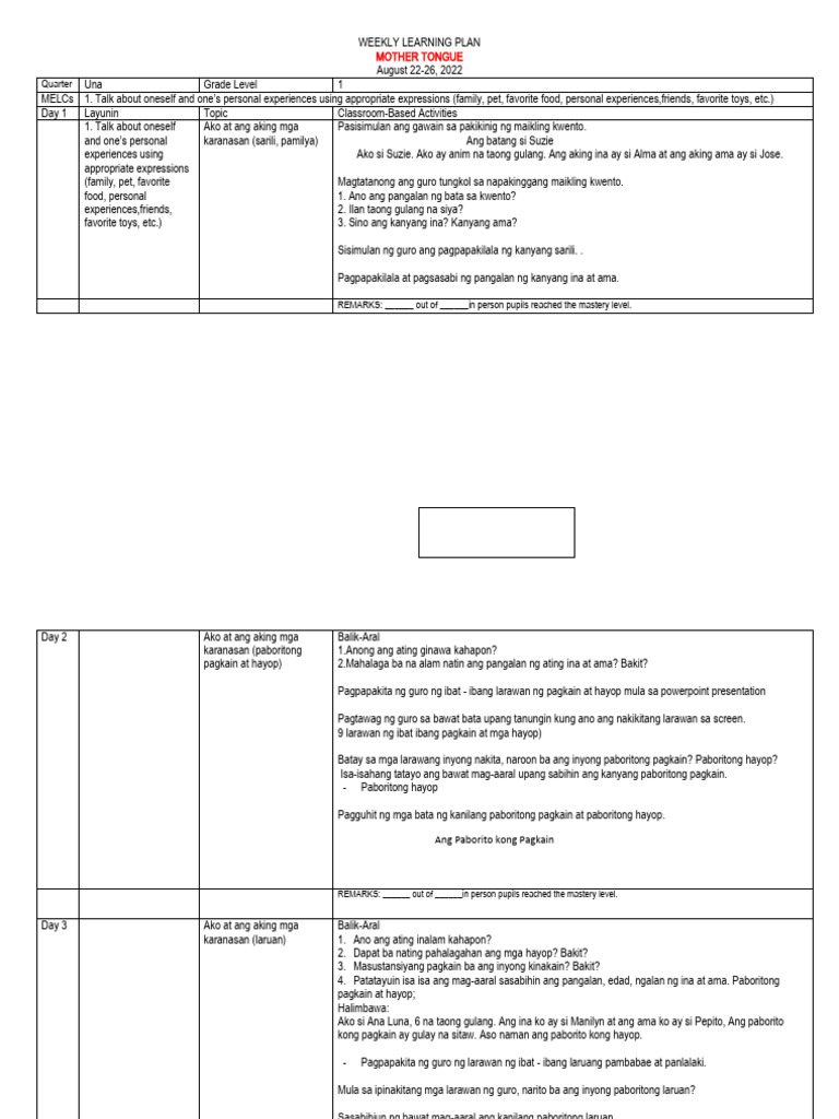 MTB Q1W1 Weekly Learning Plan | PDF