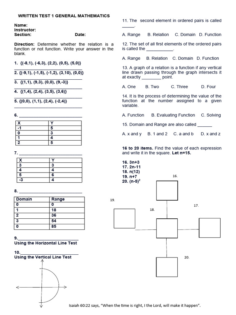 WRITTEN TEST 1 GENERAL MATHEMATICS | PDF