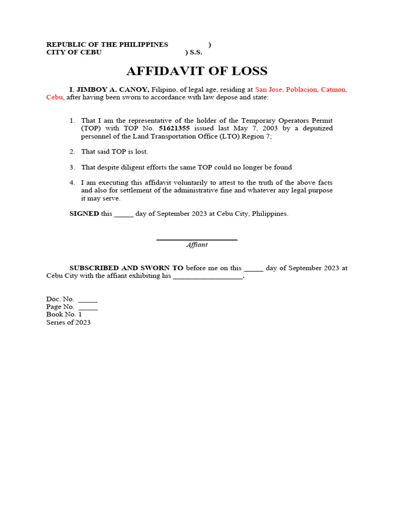 Affidavit of Loss TOP Template | PDF