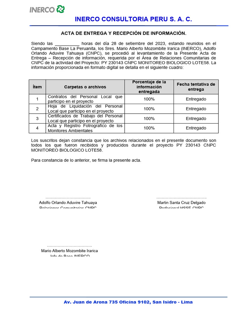 Formato Acta de Entrega y Recepcion de Informacion | PDF