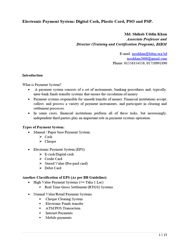 Electronic Payment System Digital Cash, Plastic Card, PSO and PSP Sept ...