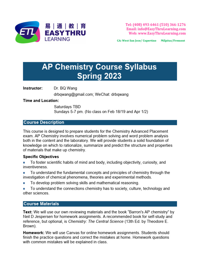 AP Chem Syllabus Spring 2023 | PDF | Science | Chemistry