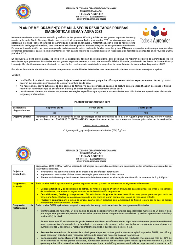 Plan de Mejoramiento Egma y Agra | PDF Plan de Mejoramiento Egma y Agra | PDF