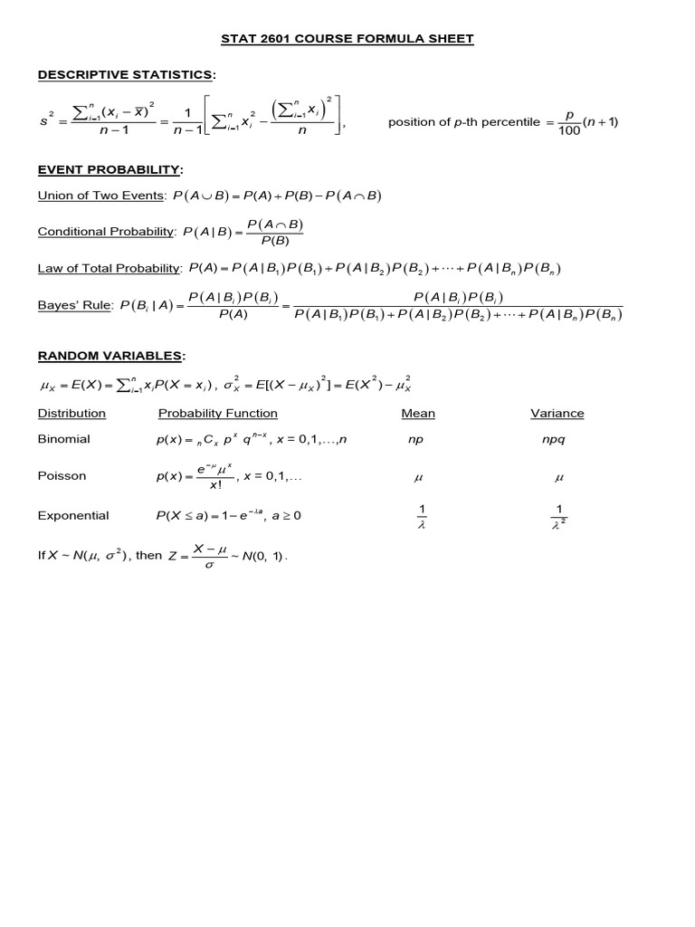 STAT 2601 Formula Sheet Overview | PDF
