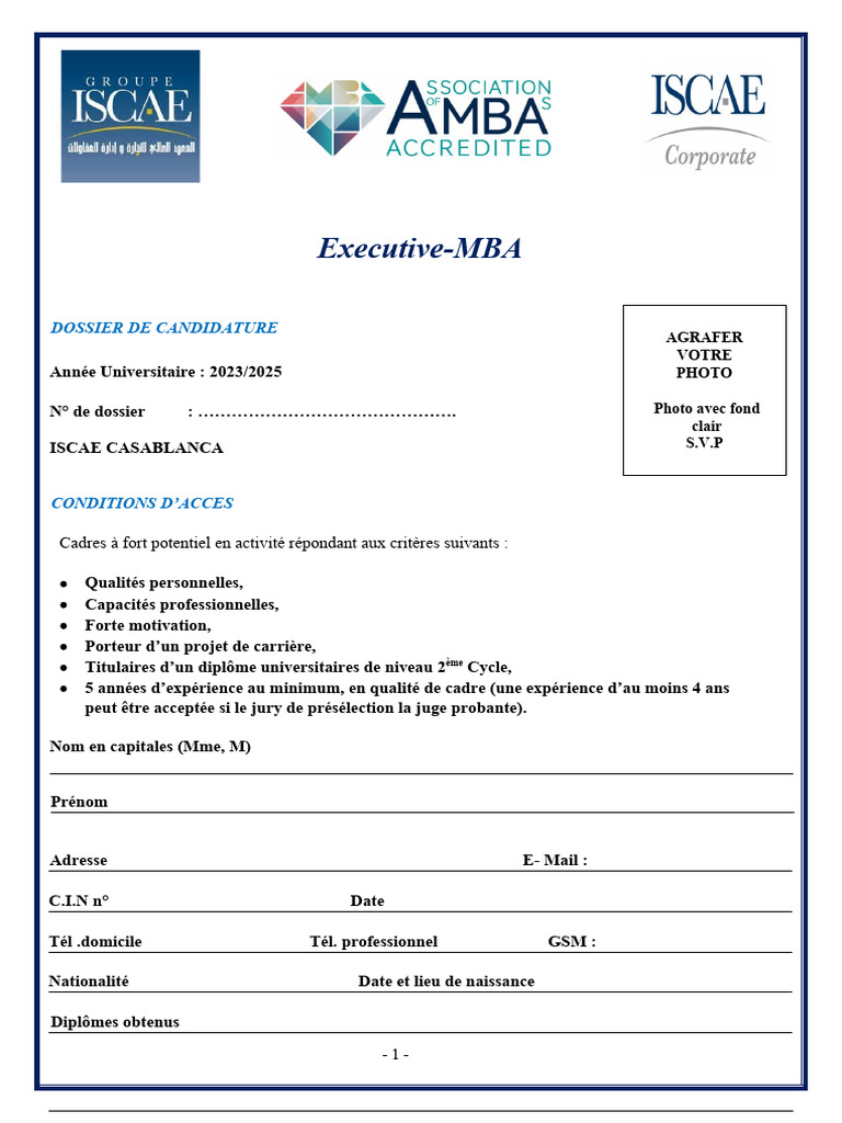 Dossier Dinscription EMBA 2023 2025 | PDF