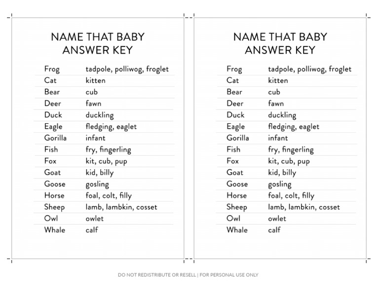 Name That Baby Animal - Answer Key | PDF