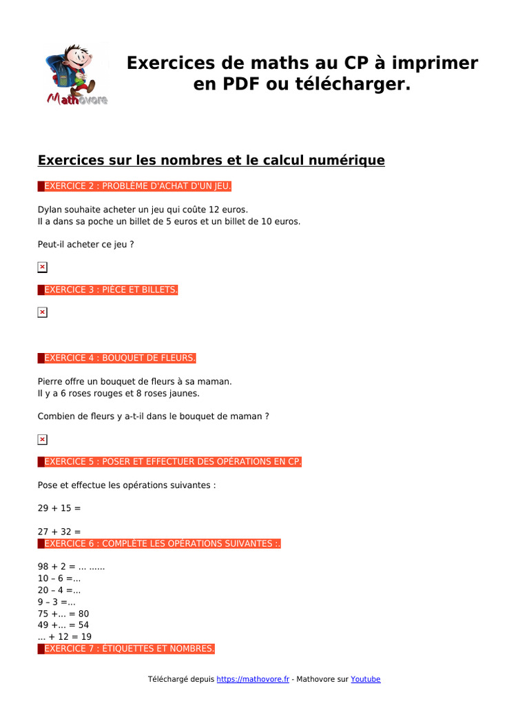 Exercices de Maths Au CP A Imprimer en PDF Ou Telecharger | PDF