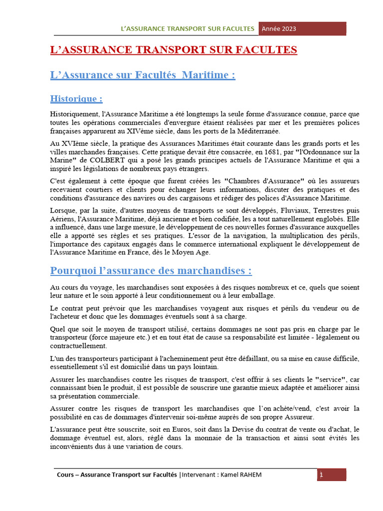 Cours - Assurance Transport Sur Facultés | PDF