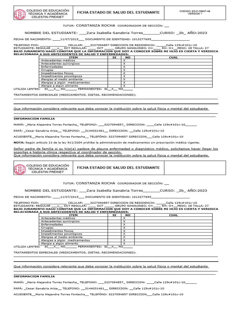 Ficha+Estado+de+Salud+Del+Estudiantes+2023 Actual | PDF