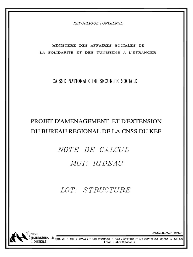 Note de Calcul Mur Rideau Cnss El Kef PDF Free | PDF