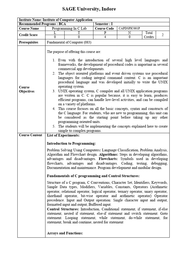 PROGRAMMING IN C Syllabus Sage University | PDF PROGRAMMING IN C Syllabus Sage University | PDF