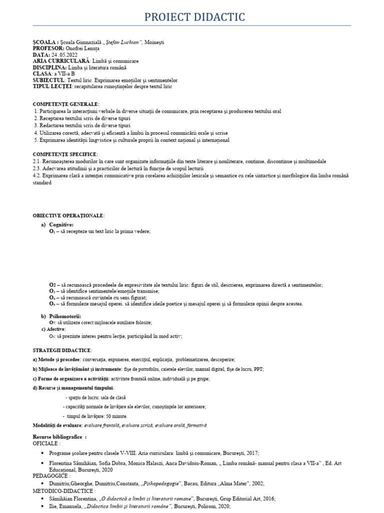 Proiect de Lectie - Textul Liric - Clasa A 7-A | PDF