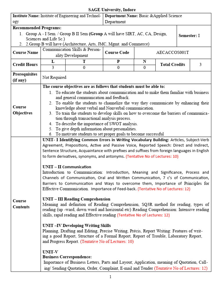 COMMUNICATION SKILLS AND PERSONALITY DEVELOPMENT Syllabus Sage ...