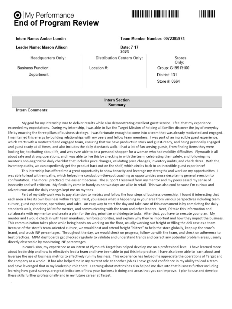 field end of program review form interns only word 1 1 | PDF