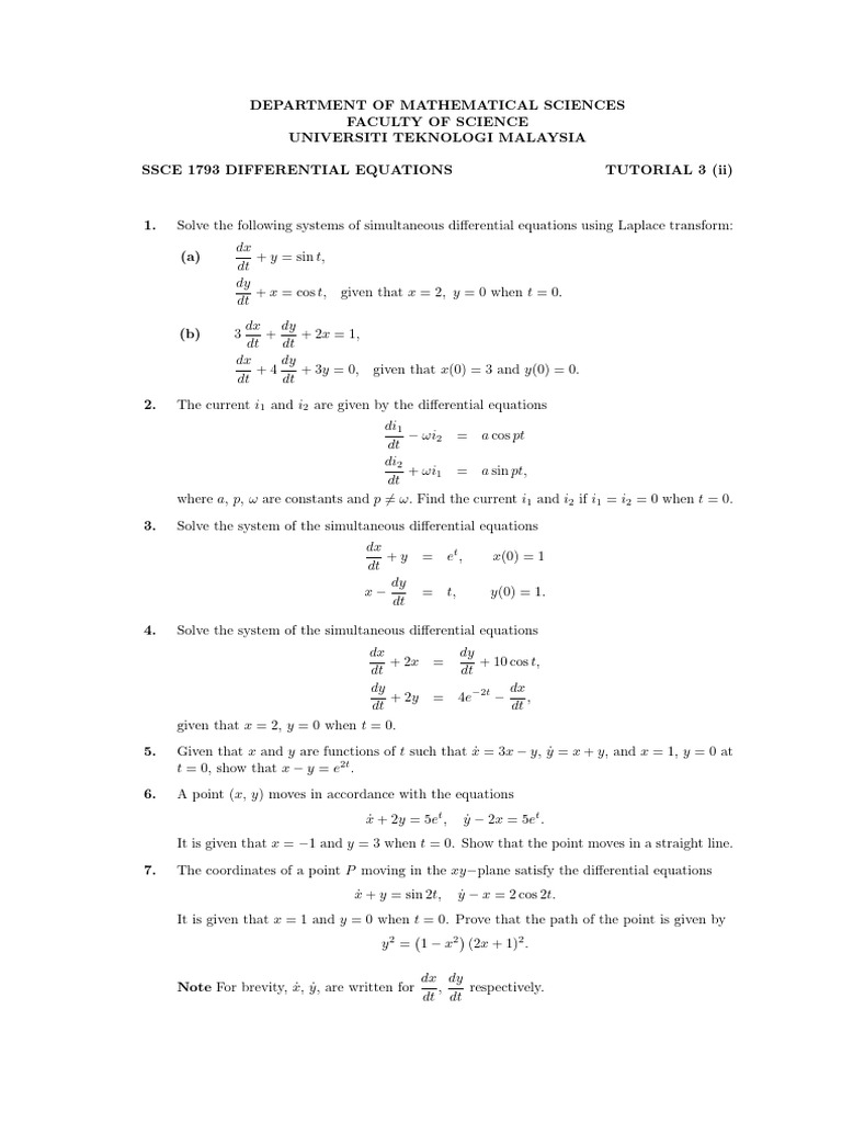 SSCE1793 - Tutorial 3 - System of Laplace Transform | PDF