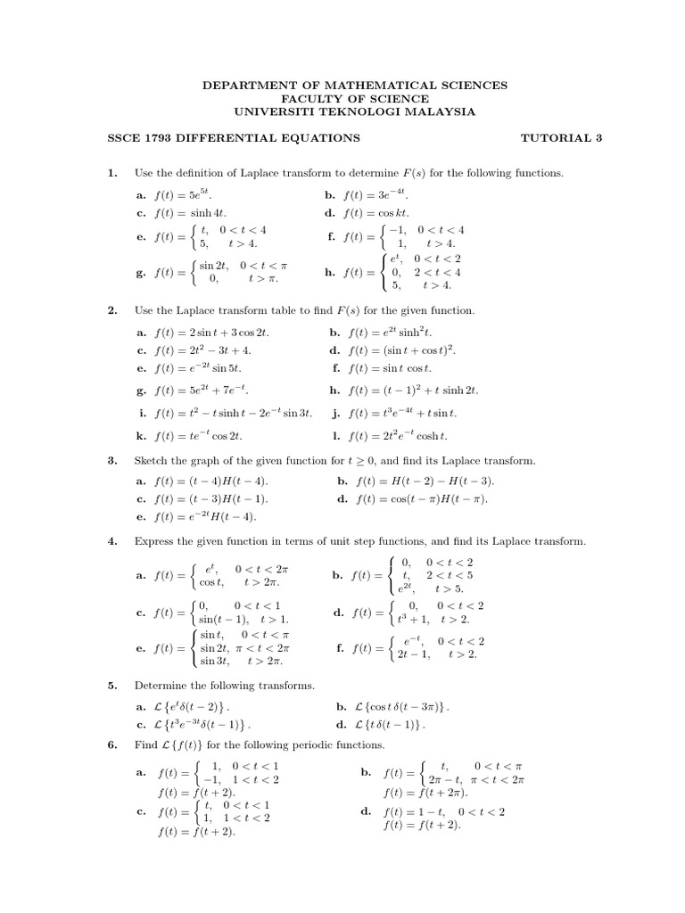SSCE1793 - Tutorial 3 - Laplace Transform | PDF