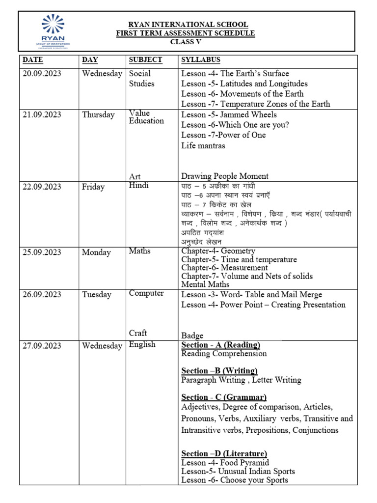 Ryan International School First Term Date DAY Subject Ryan International School First Term ...