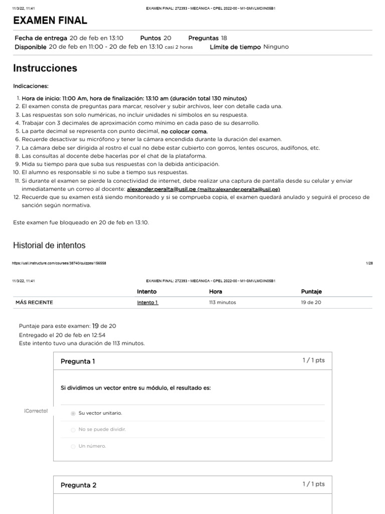 Examen Final - 272393 - Mecánica - Cpel 2022-00 - M1-Smvlmciin05b1 | PDF